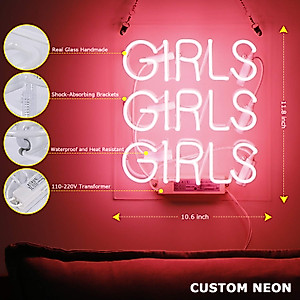 Neon Signs Girls, Pink Neon Girls Girls Girls Signs, Neon Wall Sign Light, Hanging Neon Lights, Custom Neon Words Real Neon for Wall Bedroom Room Decor Bar for Party Christmas Holiday Decoration Sign