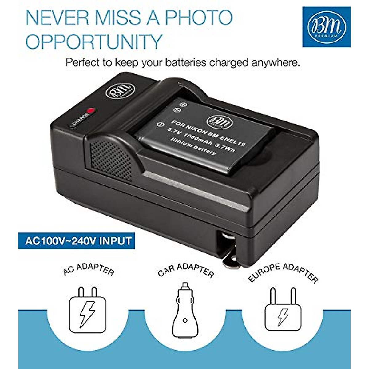 BM 2 EN-EL19 Batteries and Charger for Nikon Coolpix A300, W100, W150, S33, S100, S3100, S3200, S3300, S3500, S3600, S3700, S4100, S4200, S4300, S5200, S5300, S6400, S6500, S6800, S6900, S7000 Cameras