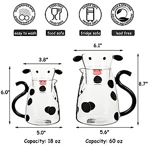 Bedside Water Carafe and Glass Set, 18 OZ Glass Pitcher & 4 OZ Cup, Bedside Night Carafe Pitcher and Water Glass Tumbler Set, Cute Cartoon Cow Glass Water Pitcher with Cup Set for Bedroom (18 oz)
