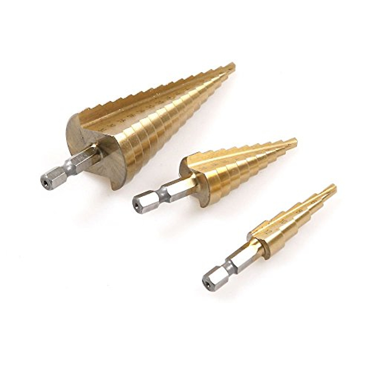 Dtacke 3pc 1/4" Hex shank Titanium Coated HSS Steel Step Drill Bit Cone Drill Hole Metal Cutter Bit Set