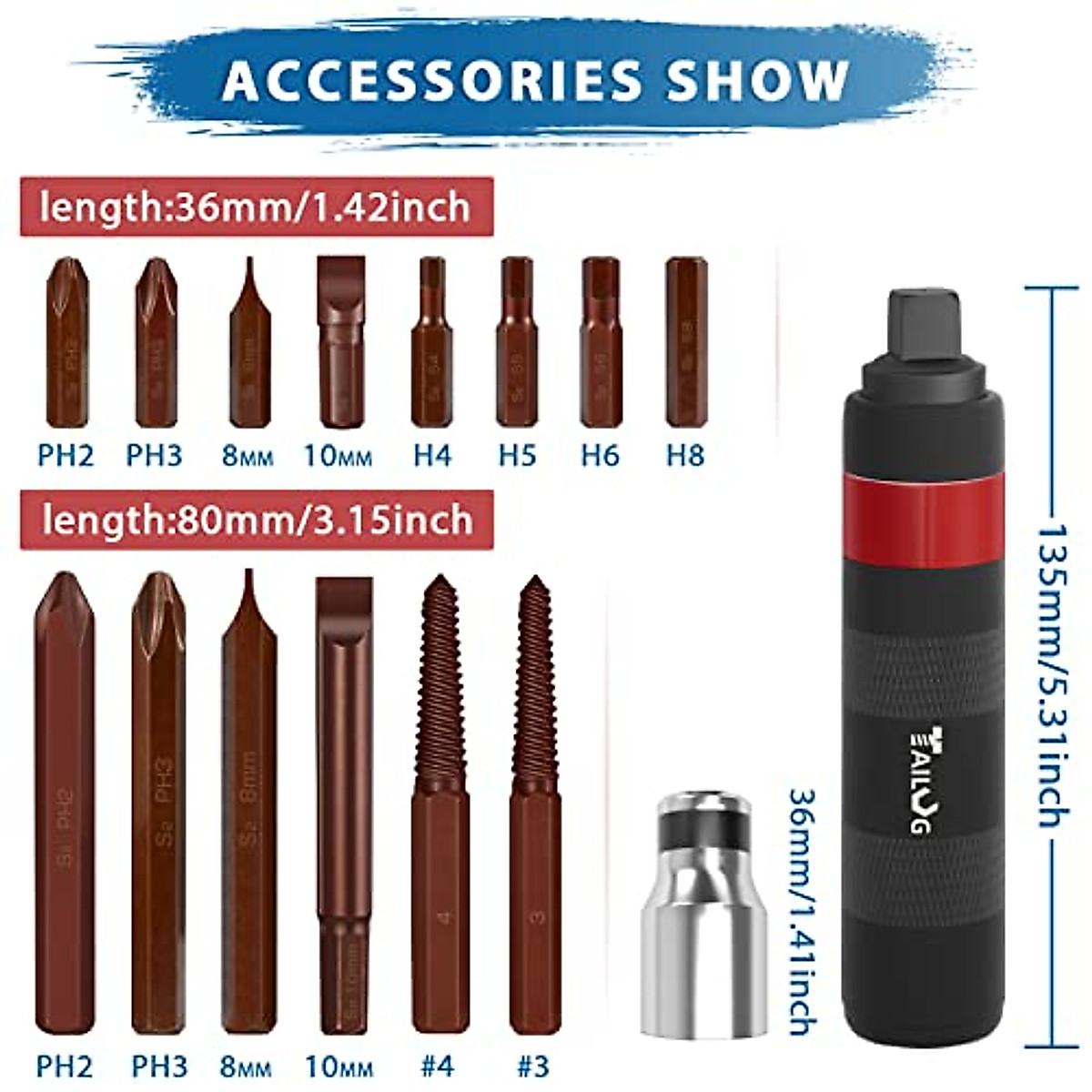 TAILUG Hand Manual Reversible Impact Driver, 1/2 Inch Drive Impact Screwdriver Set Rusty Fasteners Extractor with S2 Steel Bits 16-Piece