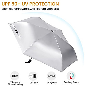 G4Free Small Mini UV Protection Travel Umbrella, Ultra Lightweight Auto Open Close Compact Sun Blocking Umbrella for Women (Blue/Silver)