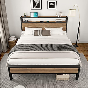 AMERLIFE Full Size Bed Frame Industrial Platform Bed with Charging Station, 2-Tier Storage Headboard/No Box Spring Needed/Noise-Free/Rustic Brown