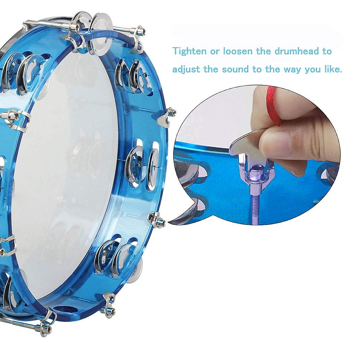 ENNBOM Tambourine Adjustable Tone Hand Drum Double Row Metal Jingles Hand Bell Performance Level Handheld Percussion (Blue)