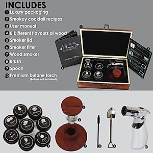 SMOKEOLOGIST Whiskey, Cocktail, and Old Fashioned Smoker Kit with Torch – Includes 8 Unique Natural Wood Flavors, Luxury Wooden Box Gift Packaging, Premium Butane Torch (Butane Fuel not Included)