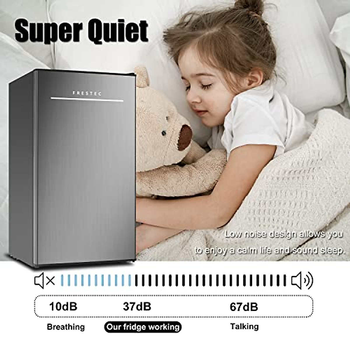 Frestec Mini Fridge with Freezer, 3.2 Cu.Ft Mini Refrigerator with One-touch Easy Defrost,37 dB Low Noise, Compact Small Refrigerator for Dorm, Bedroom, Office (Stainless Steel)