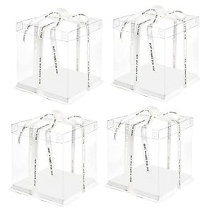 Clear Cake Box,4 Pcs Transparent Cake Box with Ribbon for Pastries10" X 10" X 9"-Clear Tall Cake Box- Clear Gift Boxes with Lid for Wedding Party and Gift Display (White-4 Set)