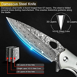 KOMWERO Damascus Pocket Knife for Men, VG10 Core Damascus Steel Folding Knife with Wood Handle, Ball Bearing, Thumb Hole, Liner Lock, Sheath for EDC Outdoor Survival Hunting