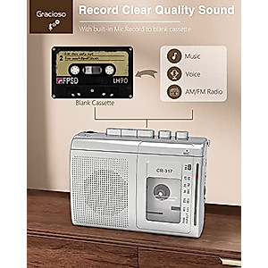 Gracioso Portable Cassette Player Recorder with Bluetooth Transmitter, AM FM Walkman Cassette Player with Headphone Jack & Big Speaker,Microphone Jack, 2*AA Battery Opearated Cassette Tape Player