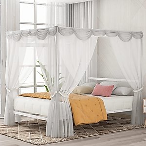 Metal Framed Canopy Platform Bed with Built-in Headboard,No Box Spring Needed, Classic Design, Queen,White