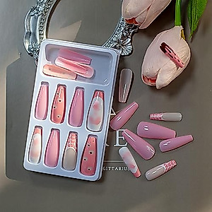 Halloween Fake Nails Long Coffin Press on Nails with Pink White Spooky Ghost Spider Web Eyeballs Blood Drops Glue on Nail Designs Artificial French Tips Full Cover on Nails for Women and Girls 24 Pcs