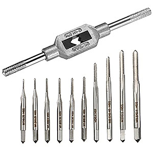 Saipe 10pcs Micro Taps Bit Small Hand Screw Thread Taps M1-M3.5 HSS Mini Metric Plug Tap Screw Tap Drill Tap Drill Set Tapping tool with Adjustable Tap Wrench 1/16-1/4''