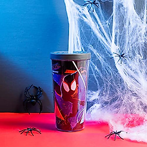 Zak Designs Marvel Spider-Man Across the Spider-Verse Movie Plastic Tumbler with Splash-Proof Lid and Straw, Durable Double-Wall Insulated Travel Cup Fits in Car Drink Holders (16oz, Non-BPA)