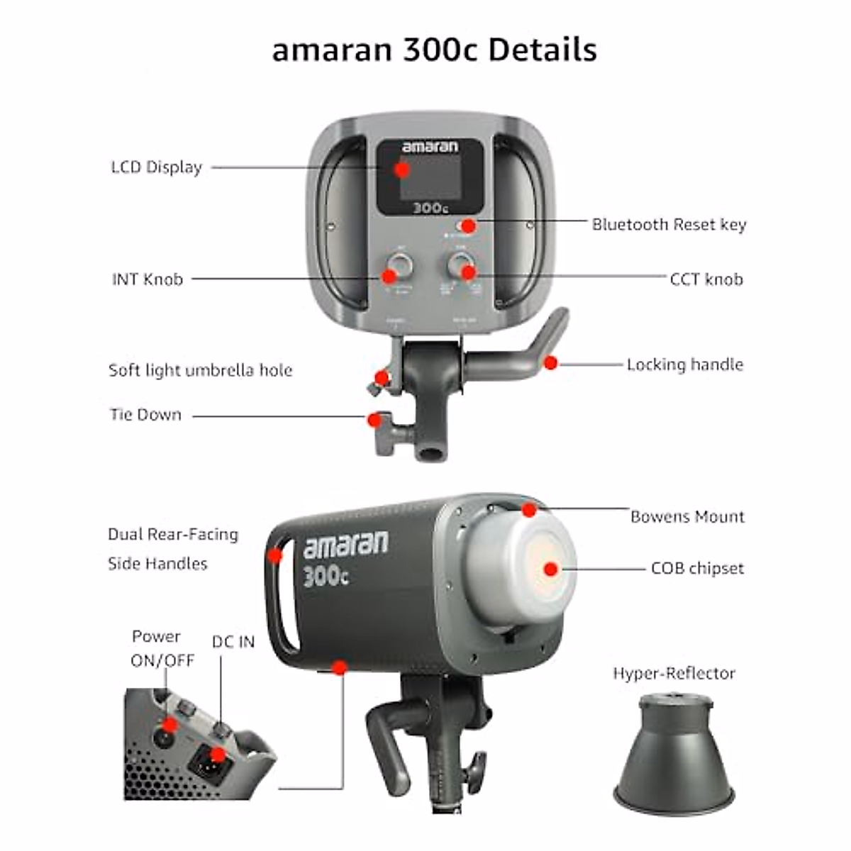 Aputure Amaran 300c Photography Lighting, 300W Full Color RGBWW, Bowens Mount Continuous LED Video Lighting, 26,580 lux @ 1m APP Control, CCT 2,500K-7,500K, Gray