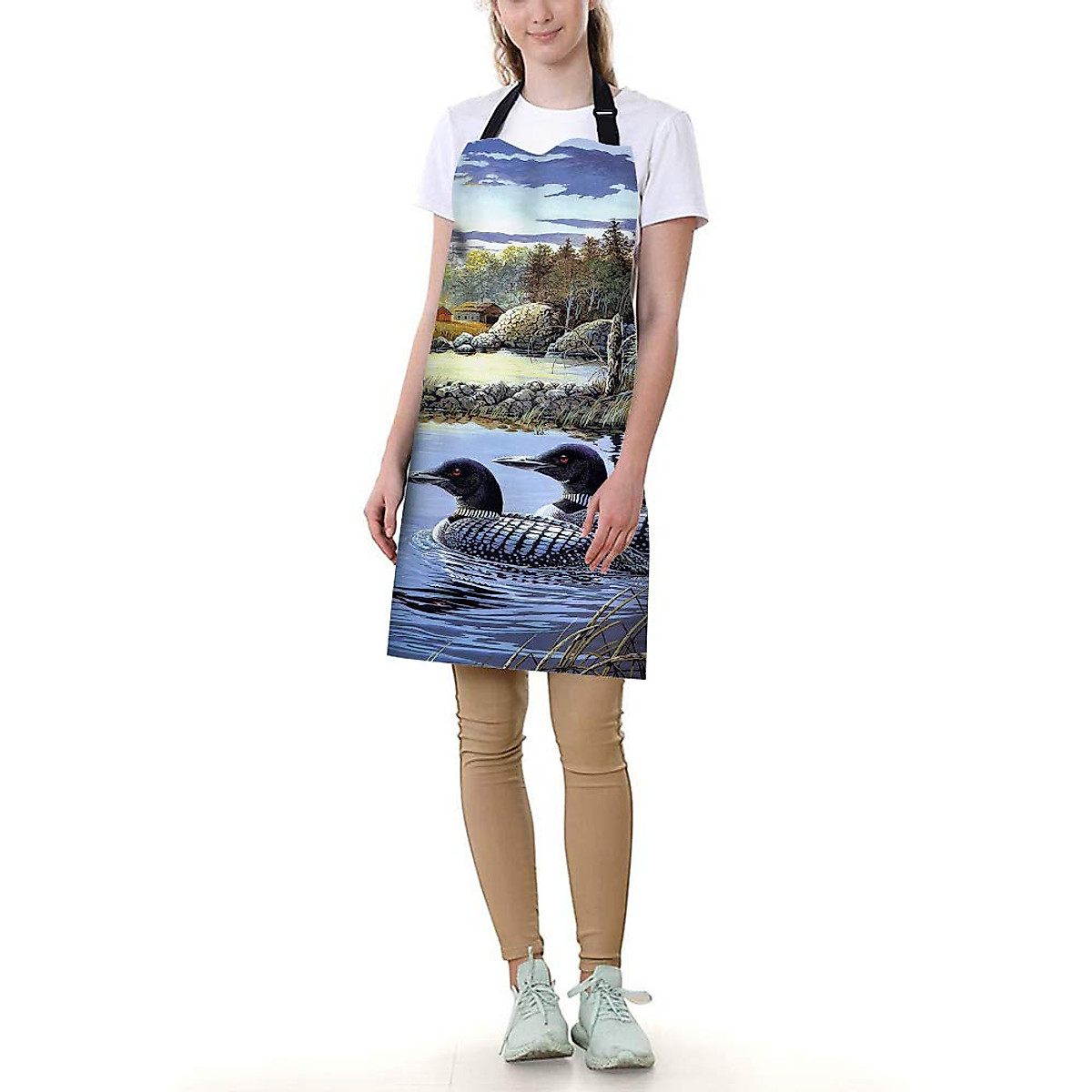 SSOIU Duck Cooking Apron, Art Desgin Loon Lake Wild Duck Couple Kitchen Apron For Baking/BBQ Men Women Unisex Waterproof 31X27 Inches