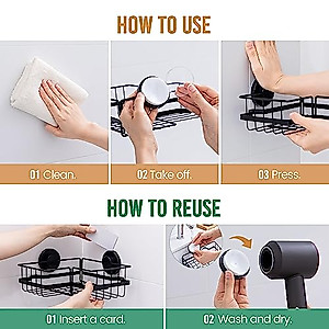 LEVERLOC Corner Shower Caddy Suction Cup with Hooks 2 Pack No-Drilling Rotating Removable Shower Caddy Basket, Stainless Steel Shower Shelves,Rustproof Organizer for Bathroom Storage,Black