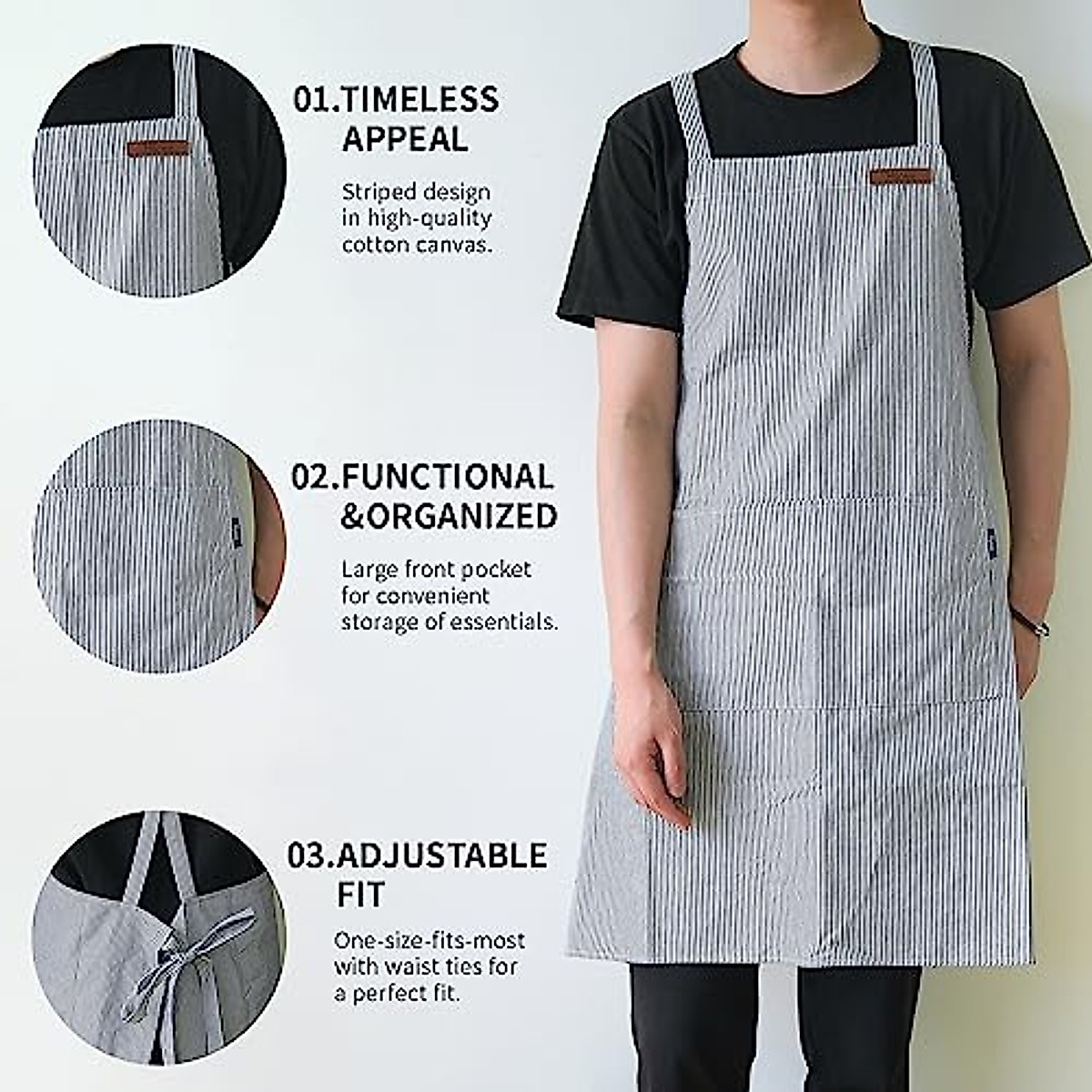 HANEE Cross-Back Apron for Men and Women, Cotton Canvas Apron with Stripes (3 Colors) (Navy Blue)