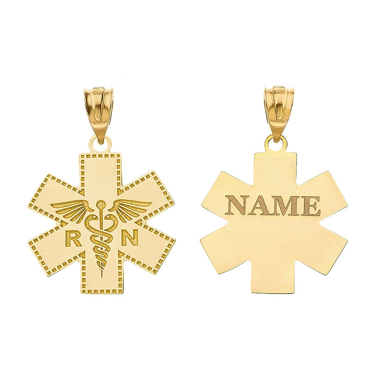 Solid 10k Yellow Gold Personalized Name Caduceus RN Charm Registered Nurse EMT Cross Pendant