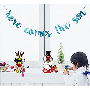 Here Comes the Son Gifts Banner- Boy Blue Glittery Welcome Little Man Baby Boy Shower Party Decor,Gender Reveal Party,Happy 1st Birthday Themes Party Supplies