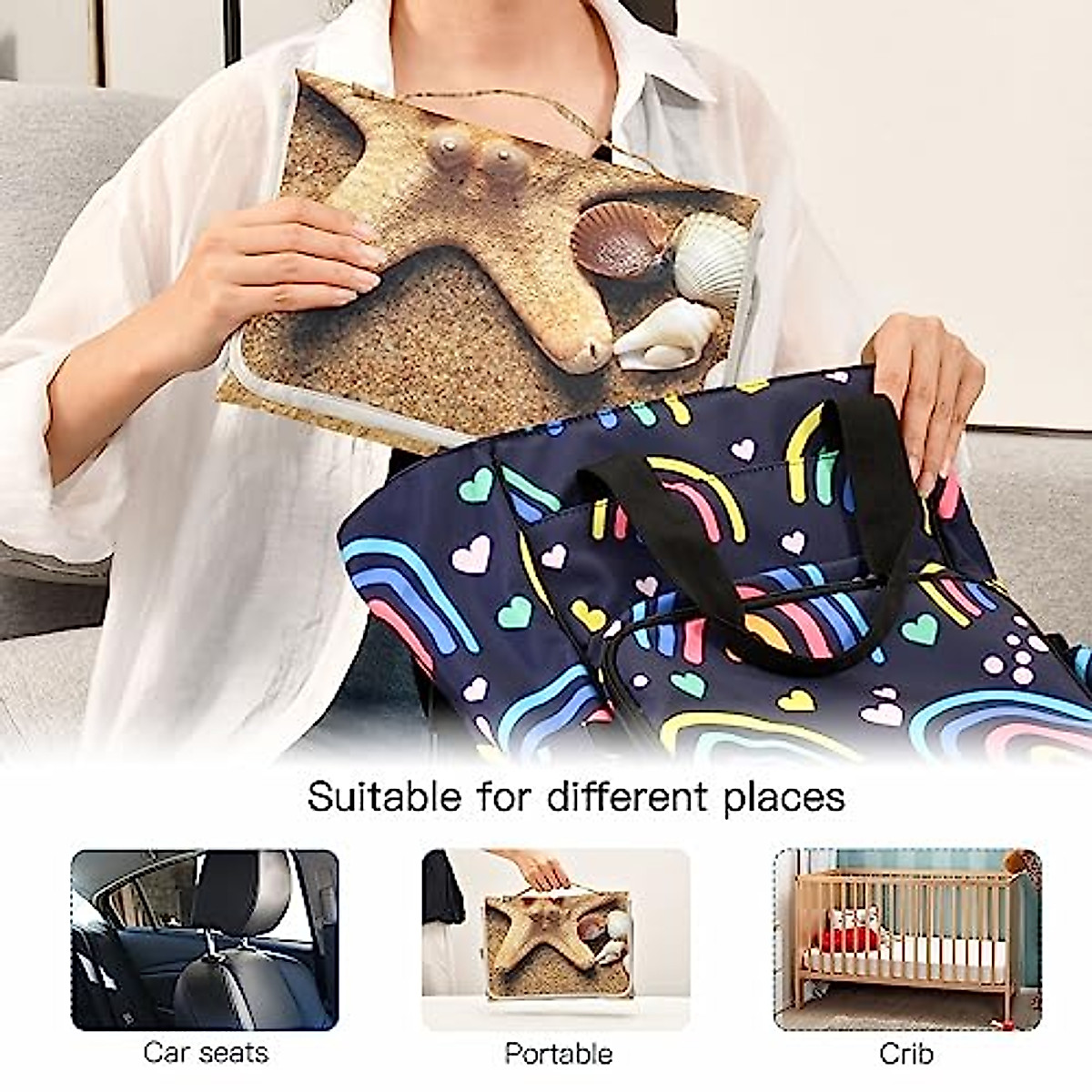 Beach Starfish Seashells Portable Baby Changing Pad Travel Diaper Changing Table Mat Foldable Waterproof Changing Station with Built-in Pillow for Girls Boys Newborn Essentials