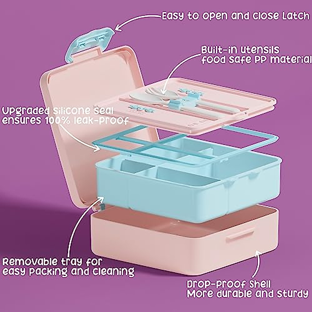 Fimibuke Bento Lunch Box for Kids - Leak Proof Toddler Bento Box with 4 Compartments BPA Free Dishwasher Safe Lunch Container with Utensils, Ideal Portion Sizes for Ages 3-12 Girls Boys for School