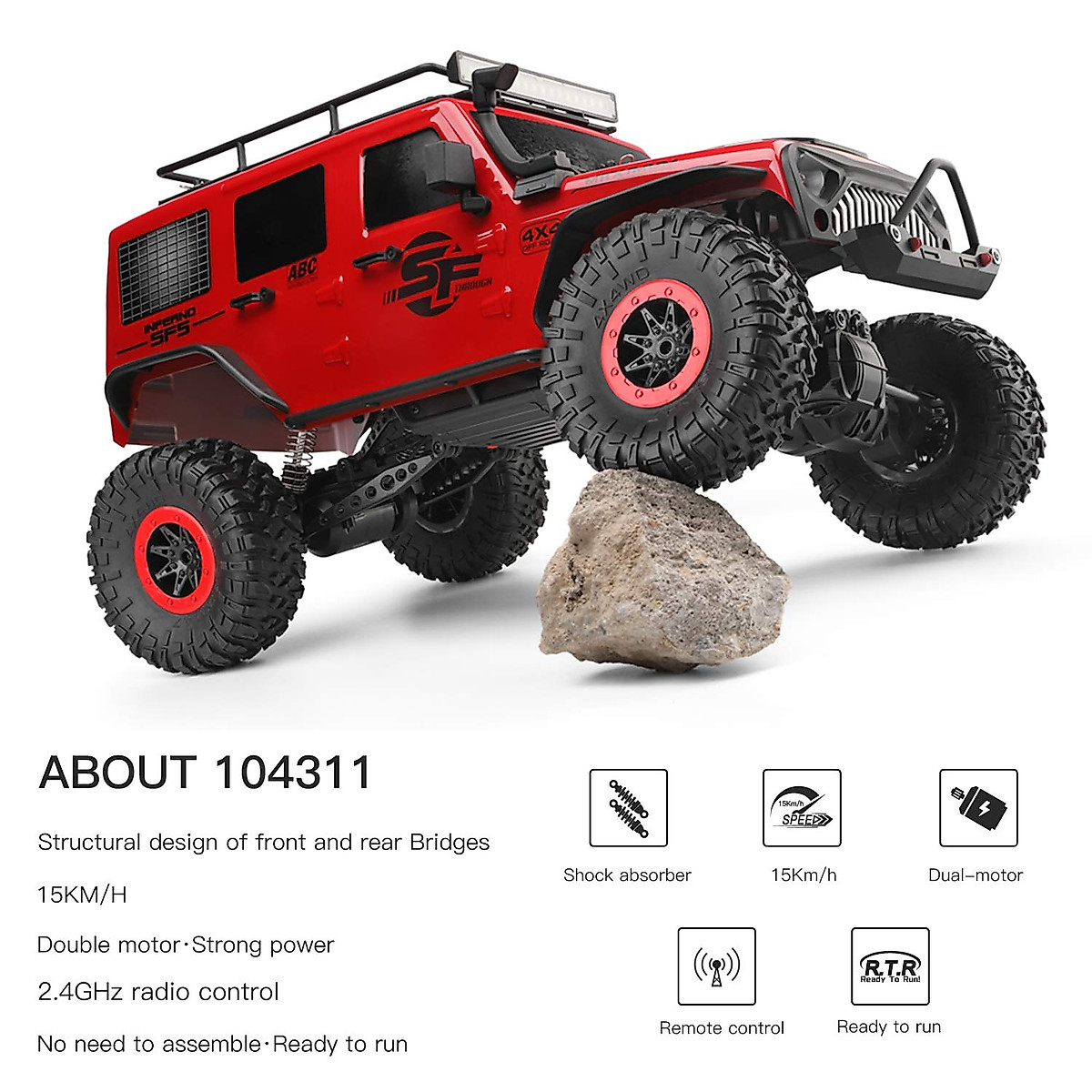 GoolRC WLtoys 104311 RC Car, 1/10 Scale 4WD 2.4Ghz Remote Control Car, Brushed Motor Off-Road Crawler Car RTR for Kids and Adults