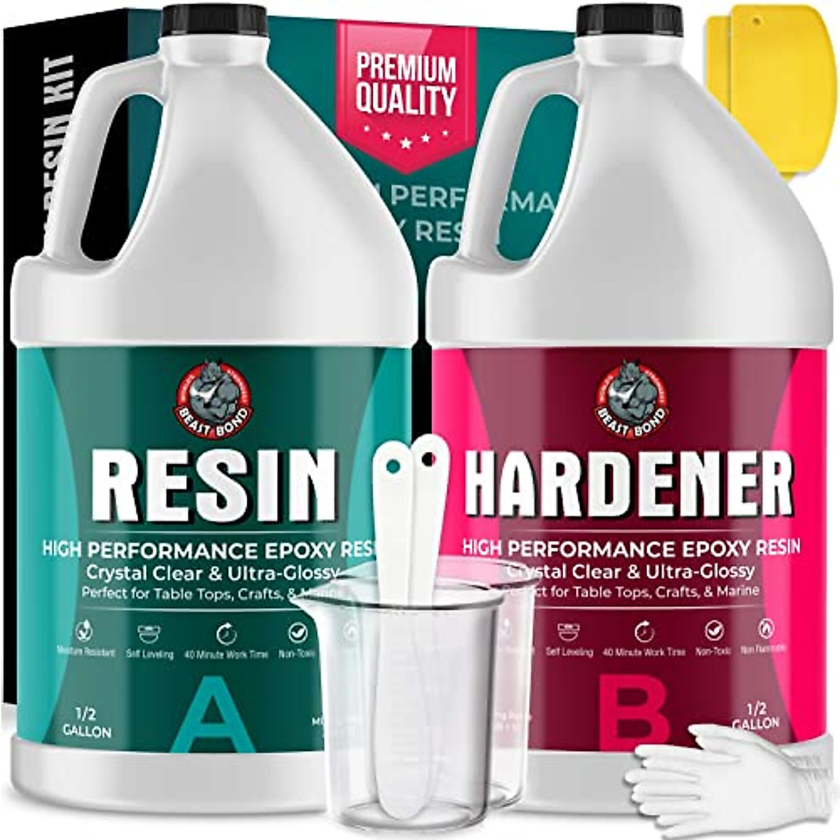 Beast Bond Epoxy Resin Kit, 1 Gallon High-Performance Epoxy Resin, Self-Leveling, Minimal Bubbles, Clear, Glossy, UV Resistant, Perfect for Table Tops, Crafts. DIY & Pro Number 1 Choice