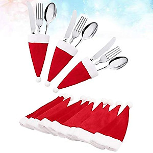 Amosfun 12pcs Christmas Silverware Holders Pockets Santa Hat Cutlery Pouch Bag Utensil Holders for Xmas Holiday Table Decoration