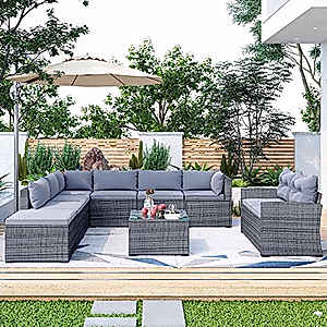 Cotoala 9-Piece Outdoor Patio Large Wicker Sofa Set, PE Rattan Conversation Sectional Couch with Ottoman and Glass Coffee Table for Garden, Backyard, Porch and Poolside, Grey