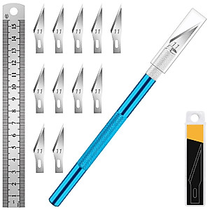 DIYSELF 1 Pcs Craft Knife Hobby Knife with 11 Pcs Stainless Steel Blades Kit, 1pcs Steel 15MM Ruler for Art, Scrapbooking, Stencil(Blue)