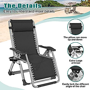Zero Gravity Chair, Lawn Recliner, Reclining Patio Lounger Chair, Folding Portable Chaise with Detachable Soft Cushion, Cup Holder, Headrest