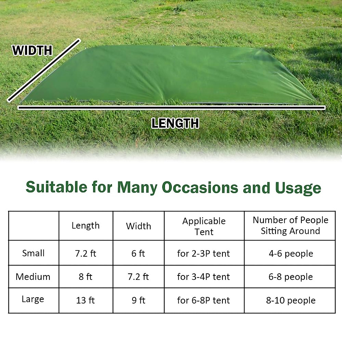 Tent Footprint, AYAMAYA PU 3000 Waterproof Tent Ground Cloth 13FT x 9FT Extra Large Size for 6-8 Person Family Camping Tents Ground Sheet Mat with 6 Tent Stakes for Camping Hiking Picnic Backpacking