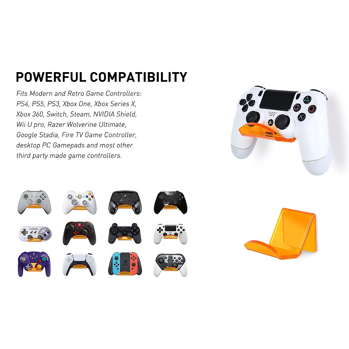 OAPRIRE Universal Controller Holder Wall Mount 2 Pack, Acrylic Controller Stand Gaming Accessories with Cable Clips, Build Your Game Fortresses (Orange)