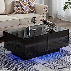 LED Coffee Table with Storage Drawers, High Glossy Coffee Table with LED Lights for Living Room, Modern Living Room Center Table Rectangular, Black (Style1, Black)