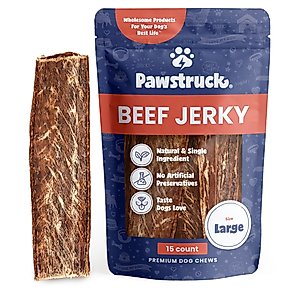 Pawstruck Premium Beef Jerky Dog Treat Chews, Large 10" Strips - Support Hip & Joint Health Naturally Rich in Glucosamine & Chondroitin - No Added Preservatives - 15 Count - Packaging May Vary