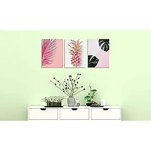TutuBeer Plant Wall Art with Pink Pineapple at Pink Background Tropical Wall Decor Green Plant Art 12" x 16" x 3 Pieces Canvas Pictures Prints Artwork Ready to Hang for Home Decoration Wall Decor