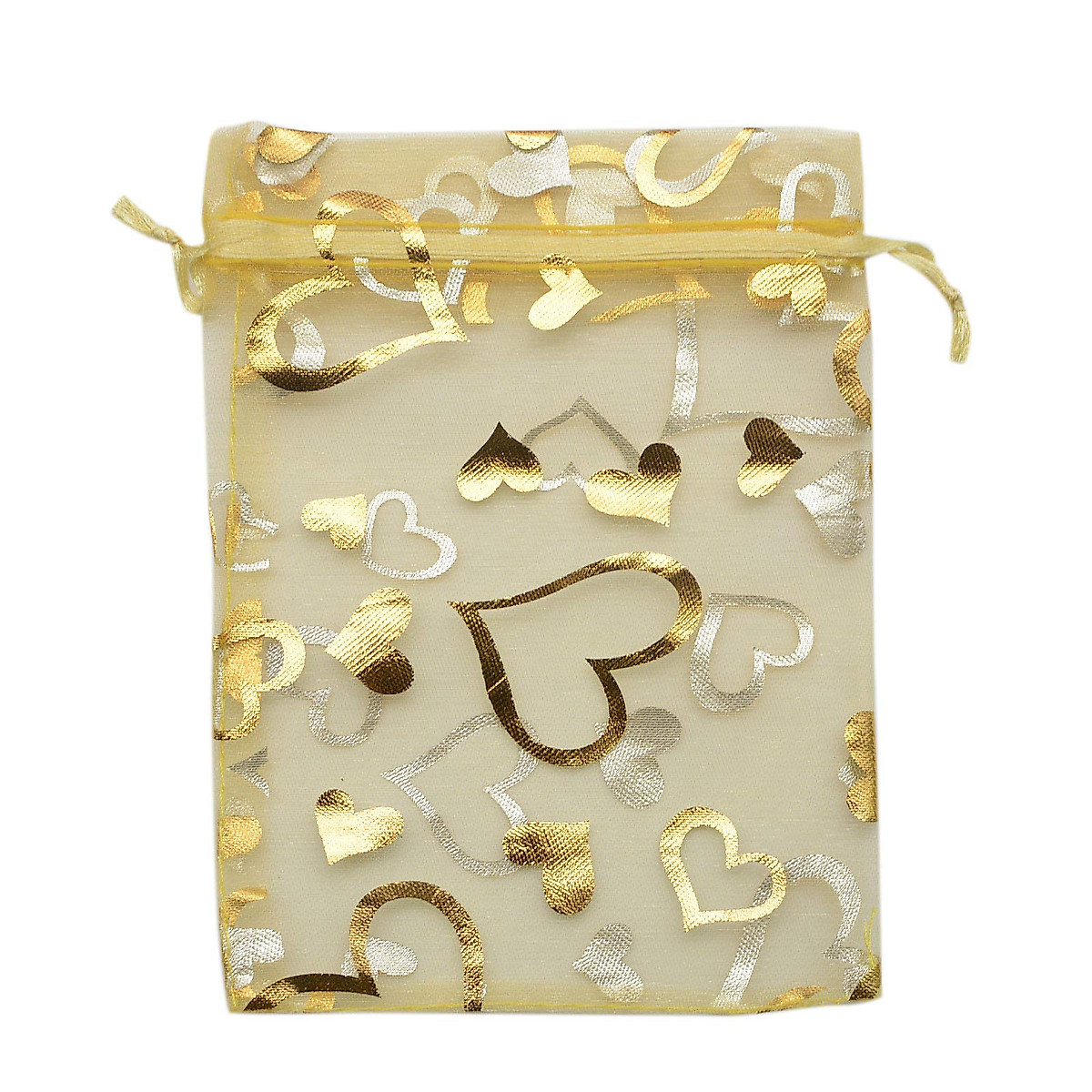 YYaaloa 100PCS Mini Sheer Heart Mixed Organza Bags 7X9 cm/2.7X3.5 inches, Drawstring Chic Gift Beauty Bags, Wedding Favor Bags Candy Jewelry Gift Bags (Gold, 2.7x3.5 inch)