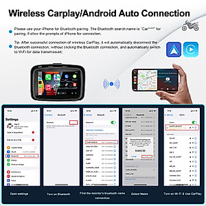 CAMECHO Portable Wireless Carplay Android Auto for Motorcycle, 5" IPS Touch Screen Portable Motorcycle Navigator IPX7 Waterproof, Dual Bluetooth, GPS Navigation for Most Motorbike, Siri