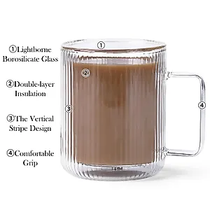 Schliersee Double Walled Glass Coffee Mug, 13.5 OZ Clear Ribbed Glassware Embossed Glass Cups with Handle for Cappuccino, Latte, Cereal, Yogurt, Beer, Milk, Hot or Cold Beverages Cup