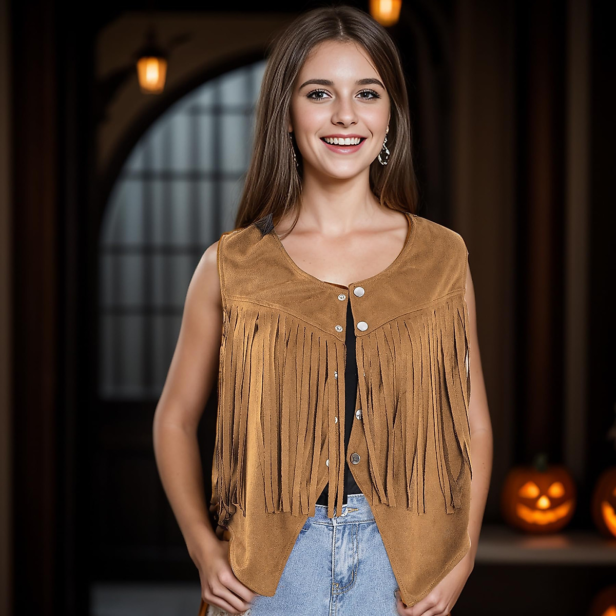 Pistha Women Tassel Vest 70s Hippie Sleeveless Faux Suede Rivets Fringe Vest Waistcoat Jacket Cowgirl Outfits(Brown,M)