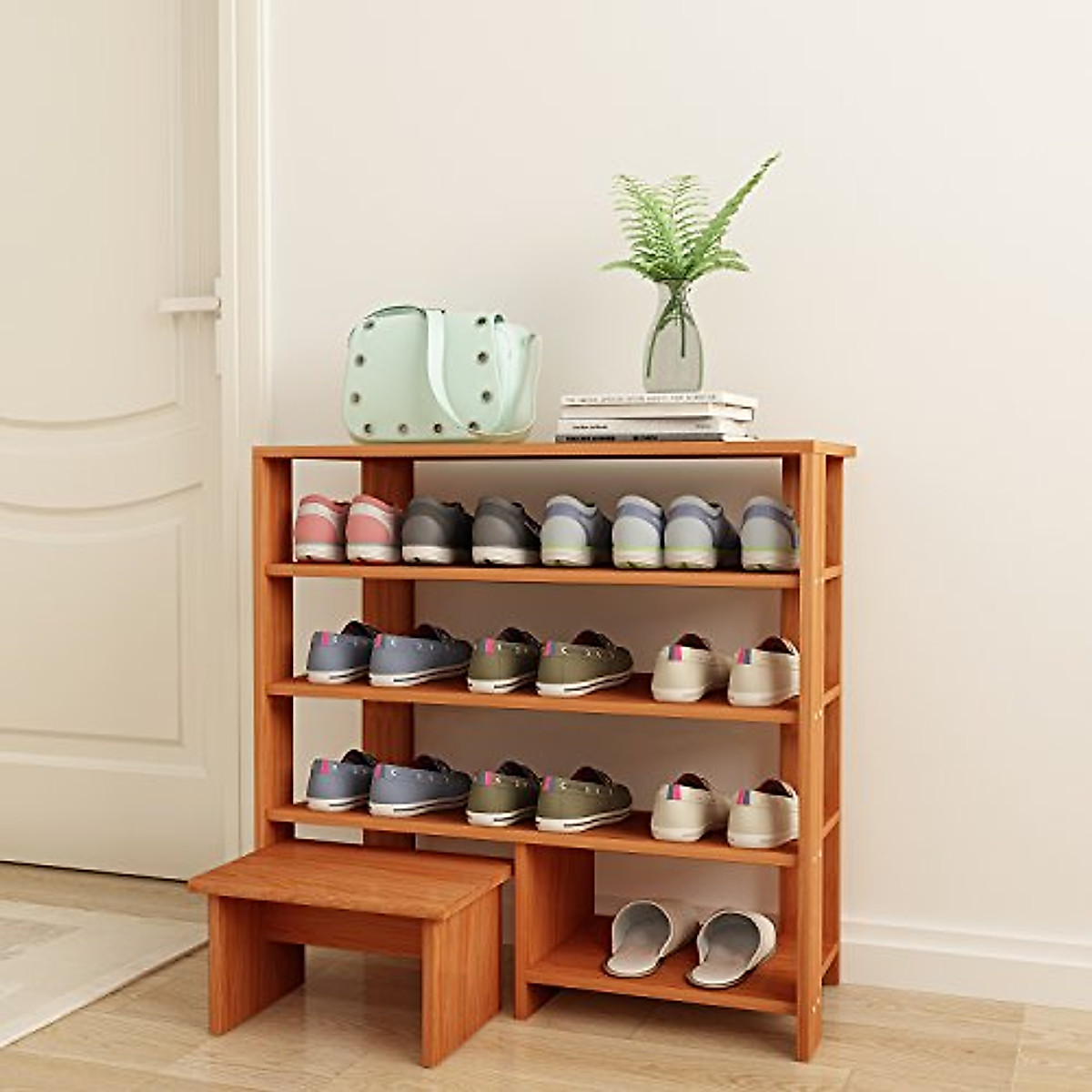 Jerry & Maggie - 4 Tier Wood MDF Solid Shelf Shoe Rack with One Footstool/Shoe Storage Shelves Free Standing Flat Shoe Racks Classic Style -100% Multi Function Shelf Organizer - Natural Wood Tone