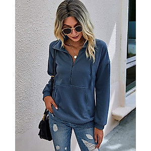 PRETTYGARDEN Women’s Casual Long Sleeve Lapel Zipper Sweatshirt Drawstring Loose Pullover Tops Dark Blue