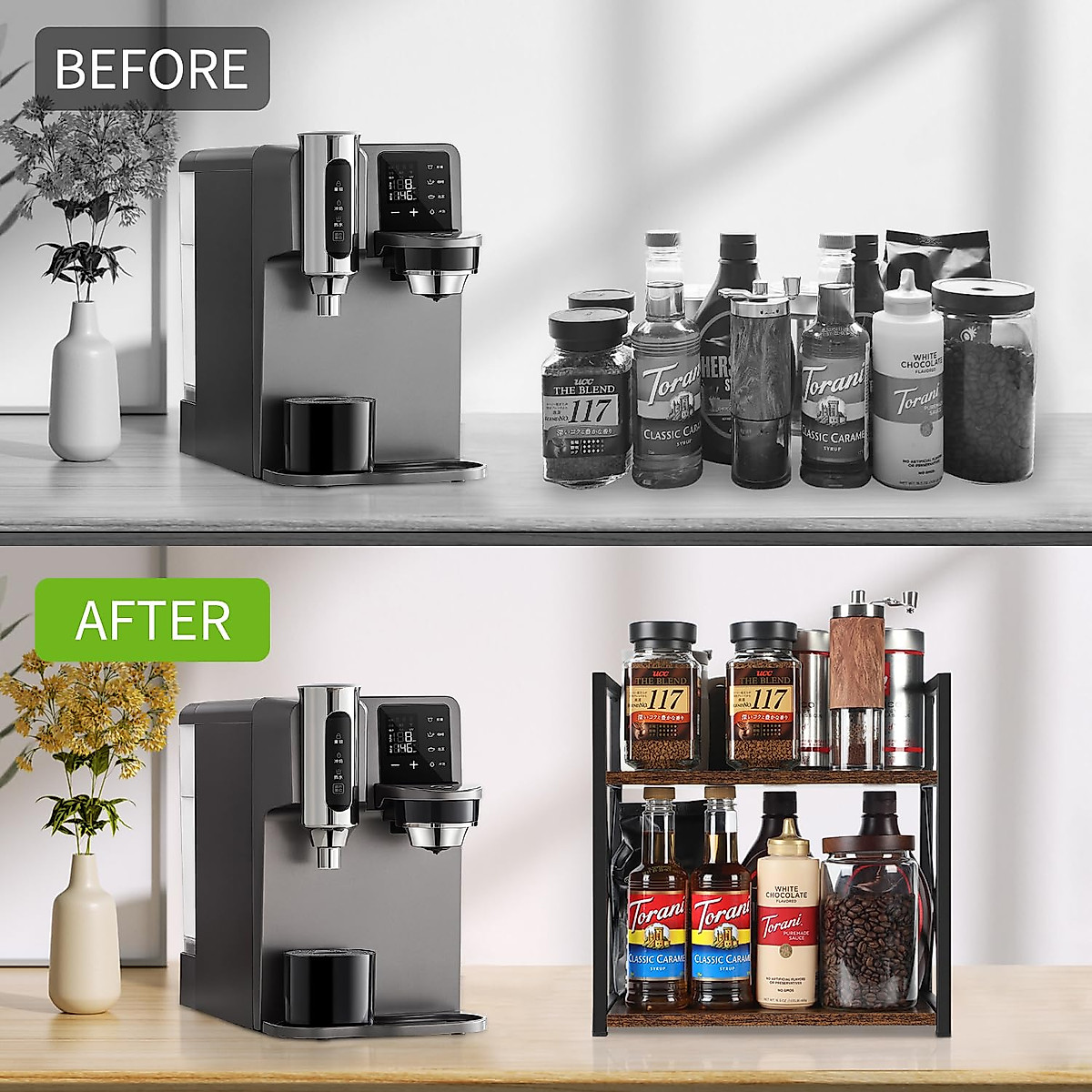 YINMIT Coffee Bar Accessories Organizer, Spice Rack Organizer, Wooden Kitchen Counter Shelf, 2 Tier Coffee Organizer Station for Countertop, Coffee Condiment Rack for Mugs, Cups, Cream, Syrup (Medium)