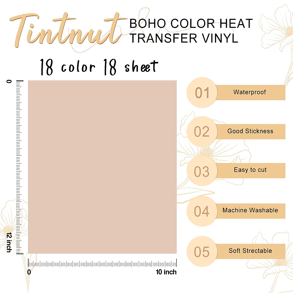 Tintnut Boho Color Heat Transfer Vinyl - 18 Sheets 12 X10 Inche Neutral Tone Brown HTV Vinyl Aqua Iron On Vinyl Beige/Brown/Tan/Light Lilac HTV for T-Shirts Compatible with Silhoutte Cameo