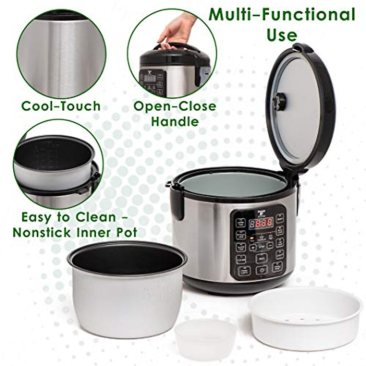 Moss & Stone Electric Multicooker Digital Rice Cooker Small 4-8 Cup 10 Pre-Programmed Settings Brown & White Rice / Food Steamer, Slow Cooker Electric Cooker With Steamer For Vegetables, Nonstick Pot Stainless Steel Rice Cooker
