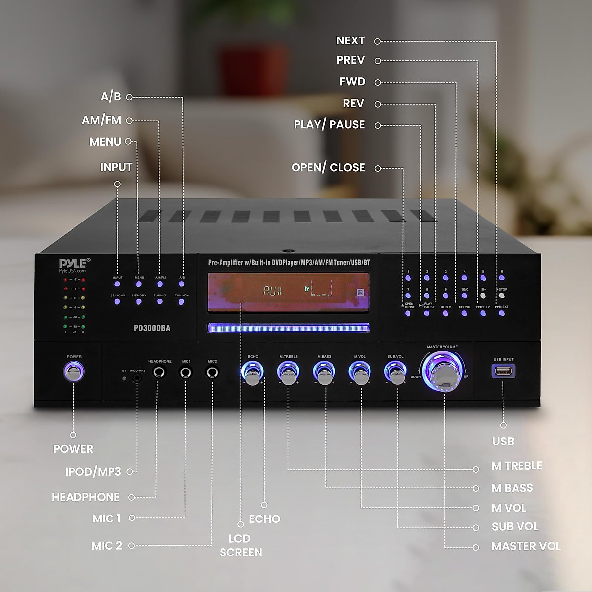 Dana Trading Pyle 4-Channel Home Theater Bluetooth Amplifier Receiver-3000 Watt Stereo Speaker Home Audio Receiver w/ Radio,USB,2 Microphone w/ Echo for Karaoke,CD DVD Player,LCD,Rack Mount-PD3000BT