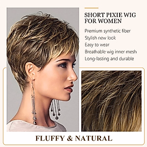 SEVENCOLORS Short Dark Brown Mixed Blonde Pixie Cut Wigs for Women Synthetic Layered Highlight Wigs with Bangs Natural Hair Replacement Wigs