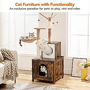 HOOBRO Cat Tree with Litter Box Enclosure, Wooden Cat Tower with Cat Hammock Condo, All-in-One Cat Furniture for Indoor Cats, Cat Litter Box Furniture Hidden, Versatile Cat Tree, Rustic Brown FG13MZ03