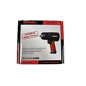 BESWELL BW-112K-1645 Ft.lbs Max Loosen Torque 1/2" Heavy Duty Twin Hammer Air Impact Wrench,Pneumatic Impact Gun,For Truck Tire,Auto garage,Tire shop