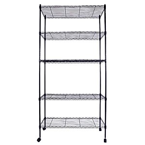 MAXMYE 5-Layer Iron Shelf, Shelving Storage Unit on 1.5'' Wheel Casters, Metal Organizer Wire Rack, Plastic Coated Storage Cabinet (35.43" x 13.78" x 65") for Living Bedroom/Kitchen/Office